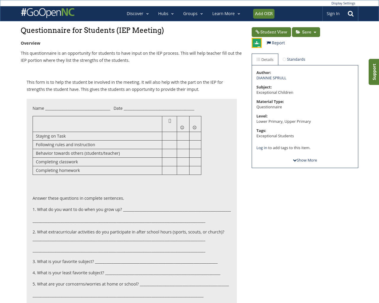 Questionnaire for Students (IEP Meeting) | Recent Activity | #GoOpenNC