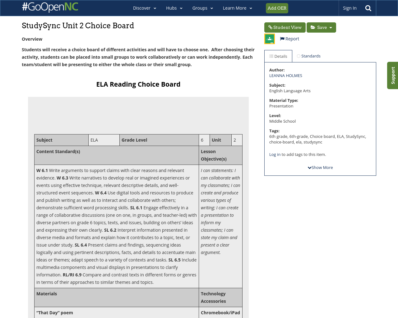 StudySync Unit 2 Choice Board | Recent Activity | #GoOpenNC