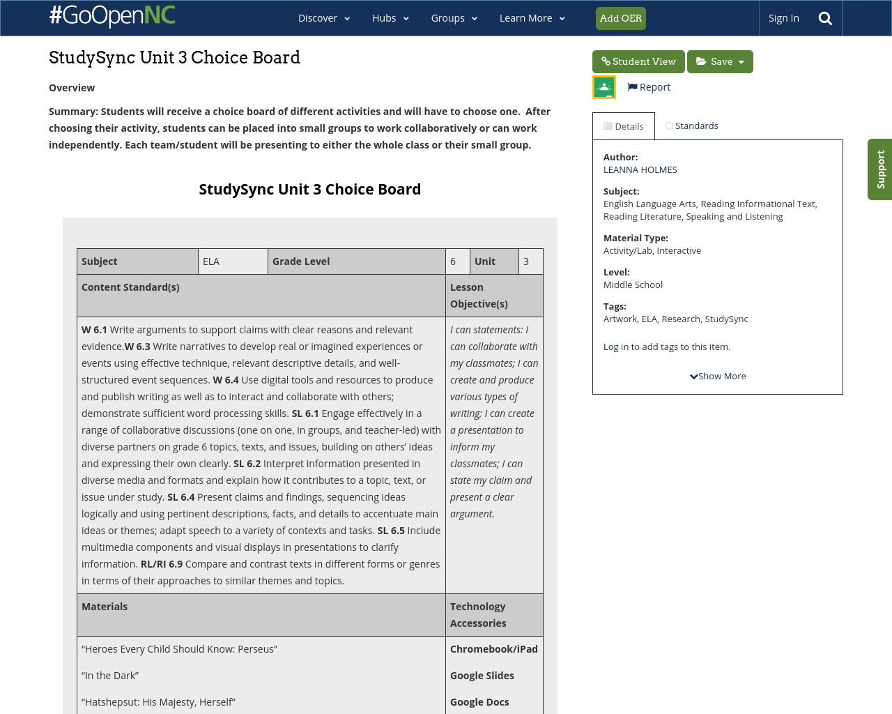 StudySync Unit 3 Choice Board | Recent Activity | #GoOpenNC