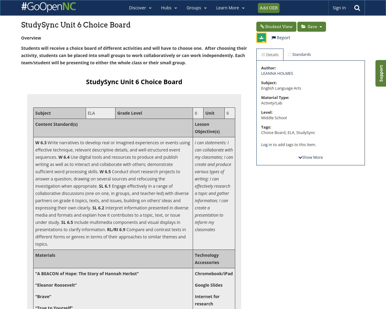 StudySync Unit 6 Choice Board | Recent Activity | #GoOpenNC