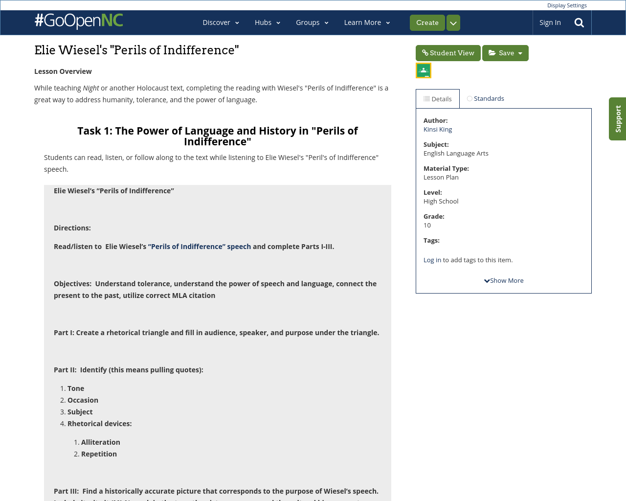 Elie Wiesel's "Perils of Indifference" | Recent Activity | #GoOpenNC