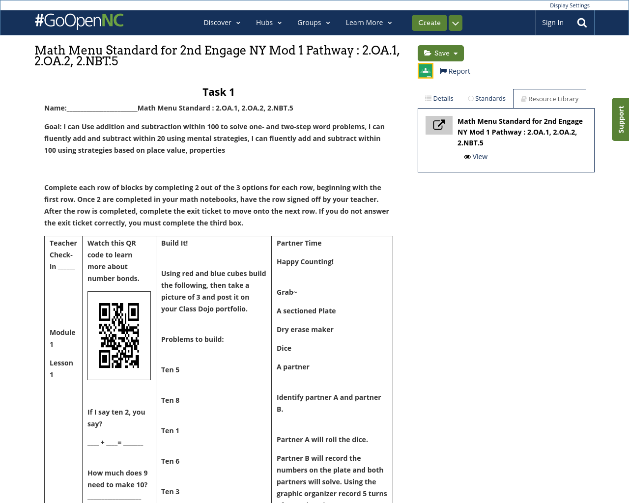 Math Menu Standard for 2nd Engage NY Mod 1 Pathway : 2.OA.1, 2.OA.2, 2 ...