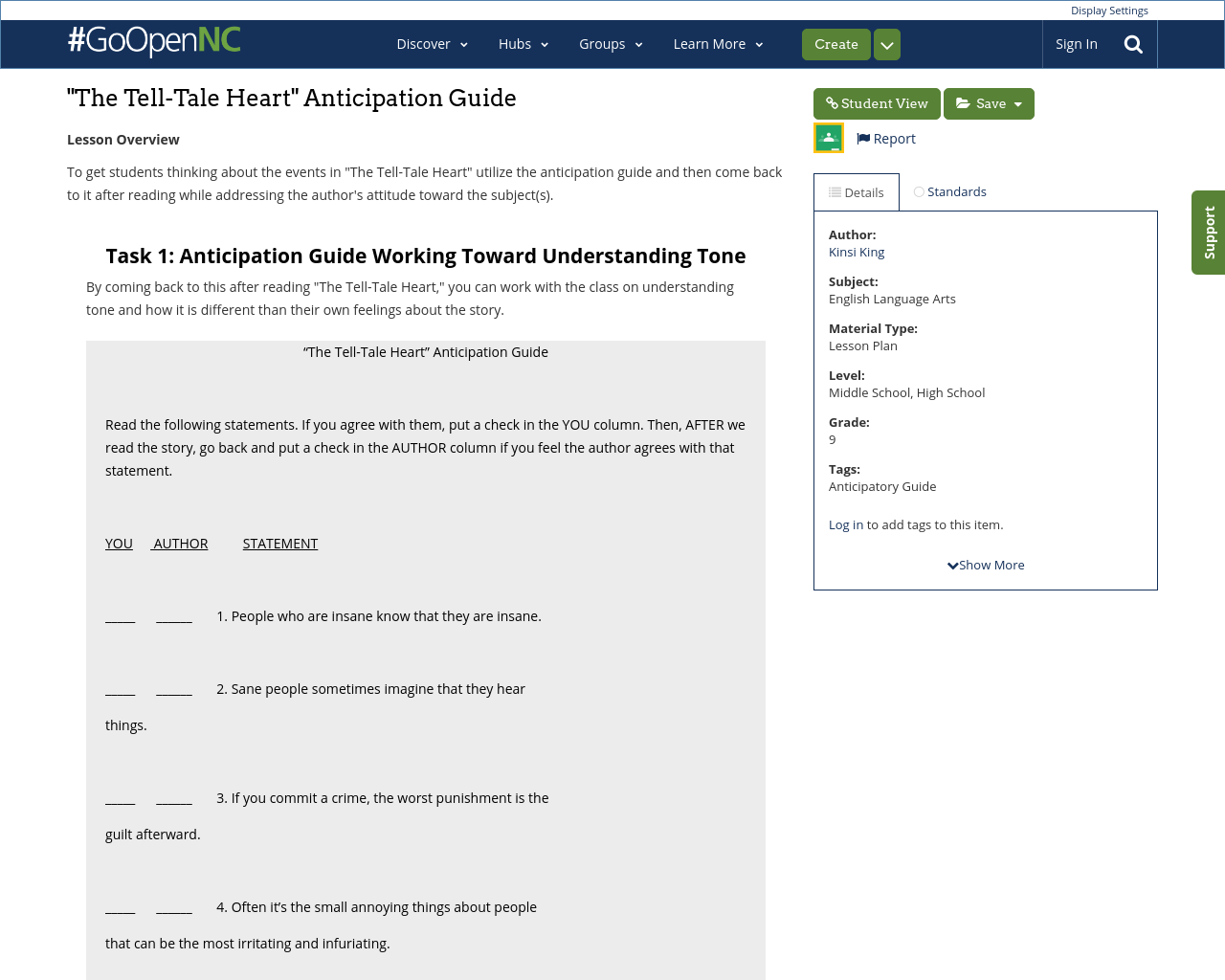 "The Tell-Tale Heart" Anticipation Guide | Recent Activity | #GoOpenNC