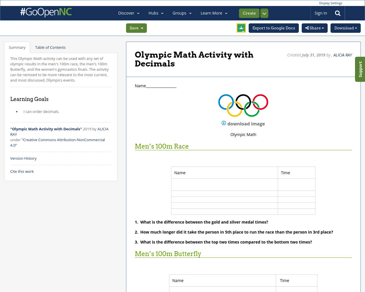 Olympic Math Activity with Decimals | Recent Activity | #GoOpenNC