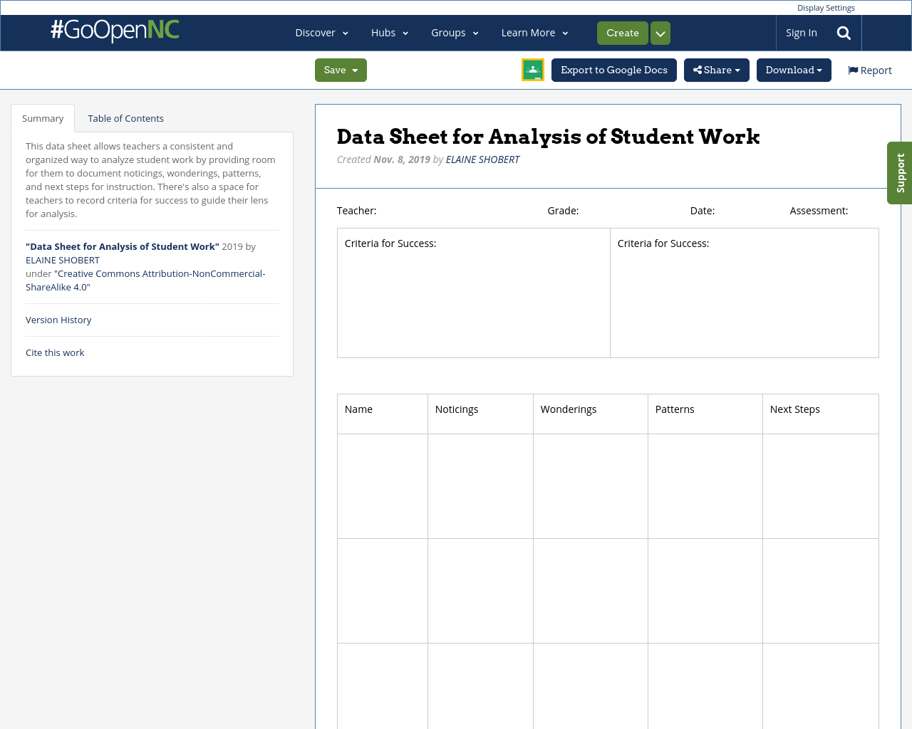 Data Sheet for Analysis of Student Work | Recent Activity | #GoOpenNC