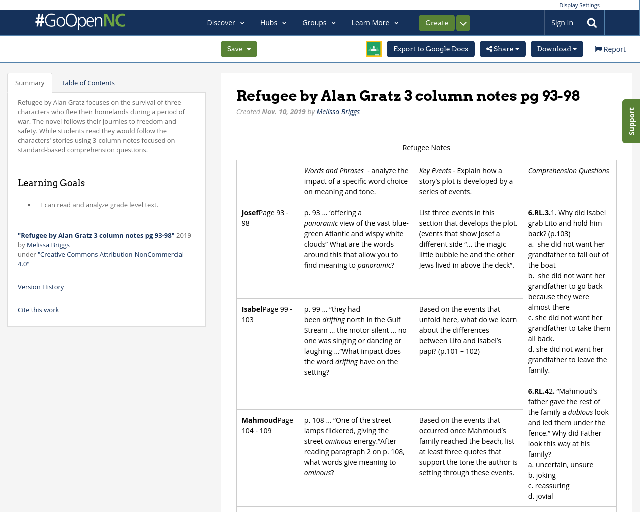 Refugee by Alan Gratz 3 column notes pg 93-98 | Recent Activity | #GoOpenNC