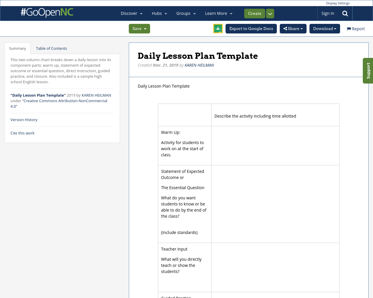 Daily Lesson Plan Template Recent Activity GoOpenNC