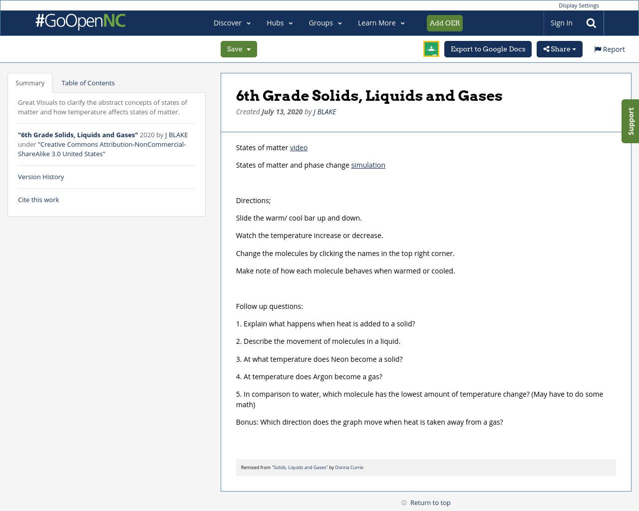 6th Grade Solids, Liquids and Gases | Recent Activity | #GoOpenNC