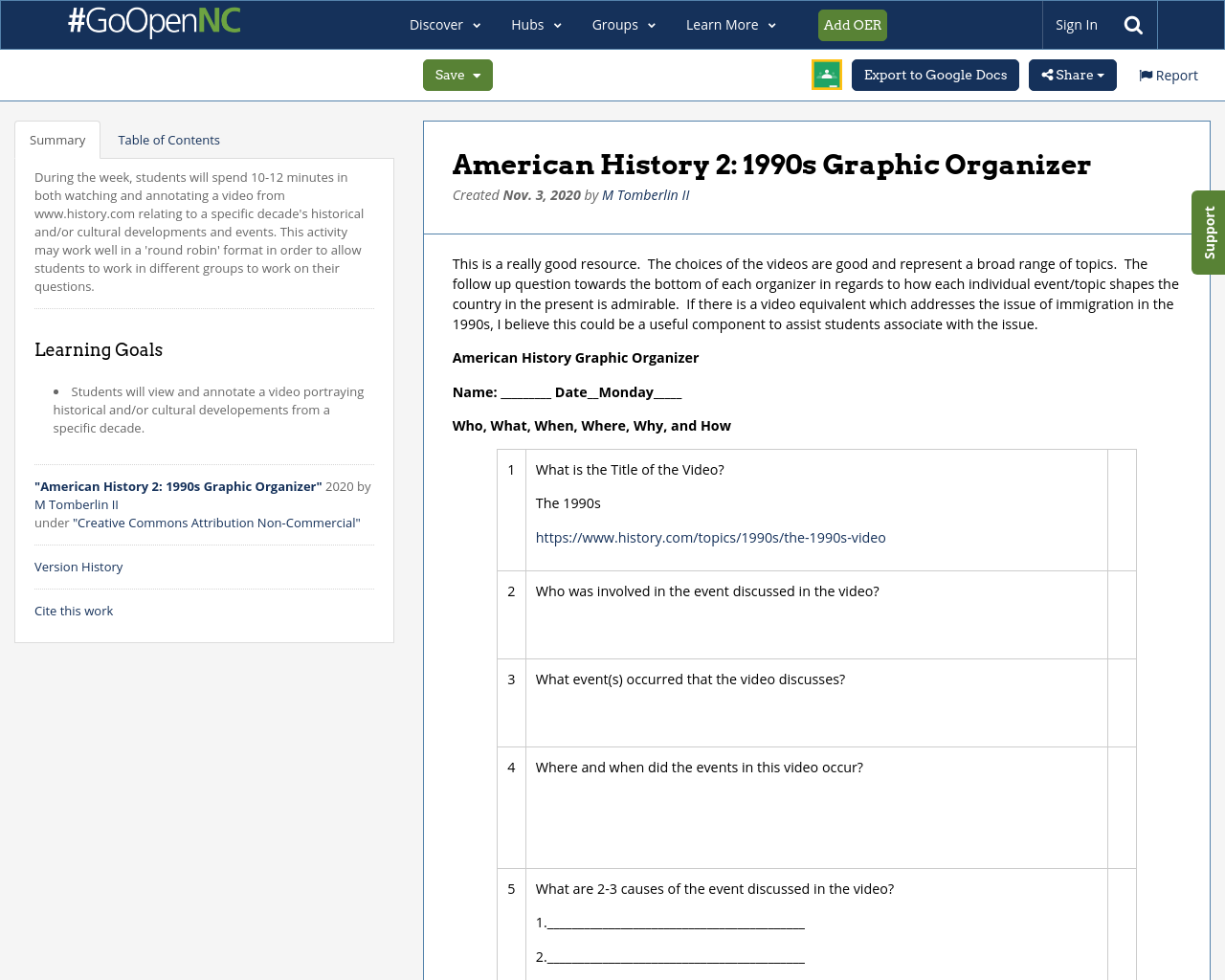 American History 2: 1990s Graphic Organizer | Recent Activity | #GoOpenNC